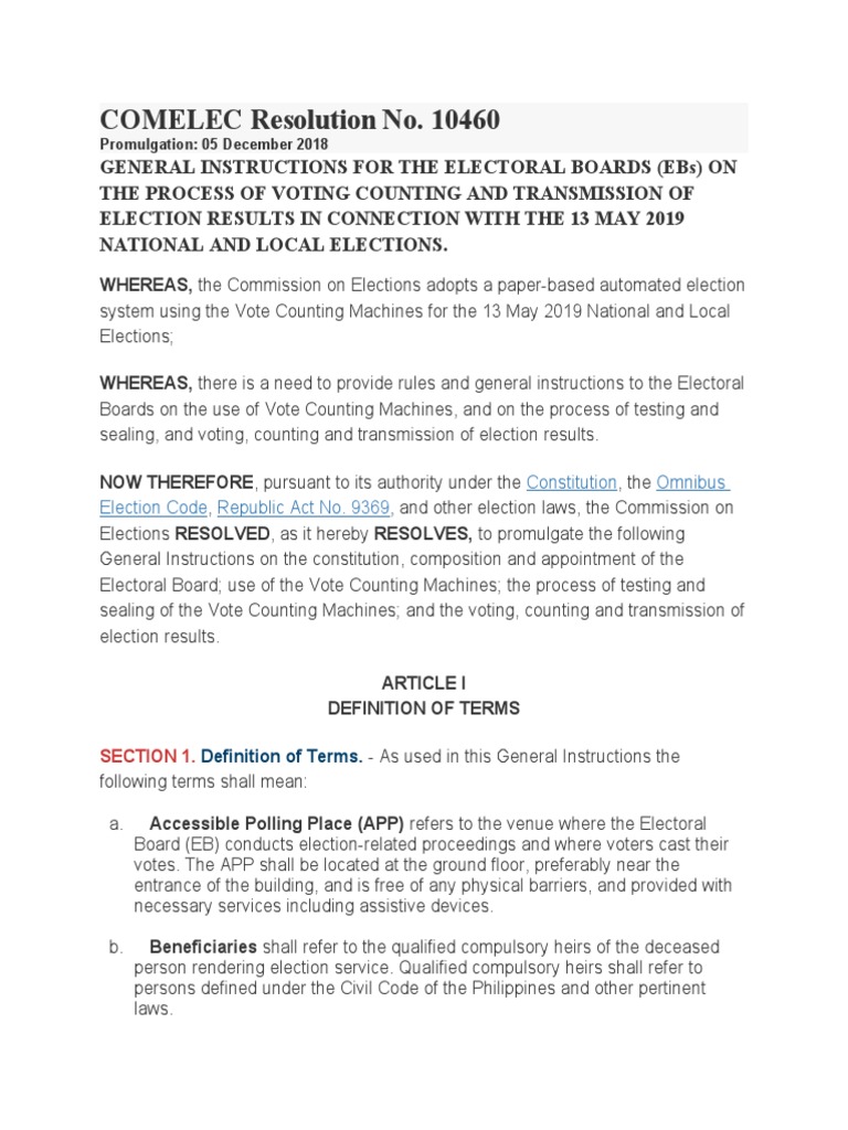 COMELEC Resolution No. 10460 | PDF | Voting | Elections