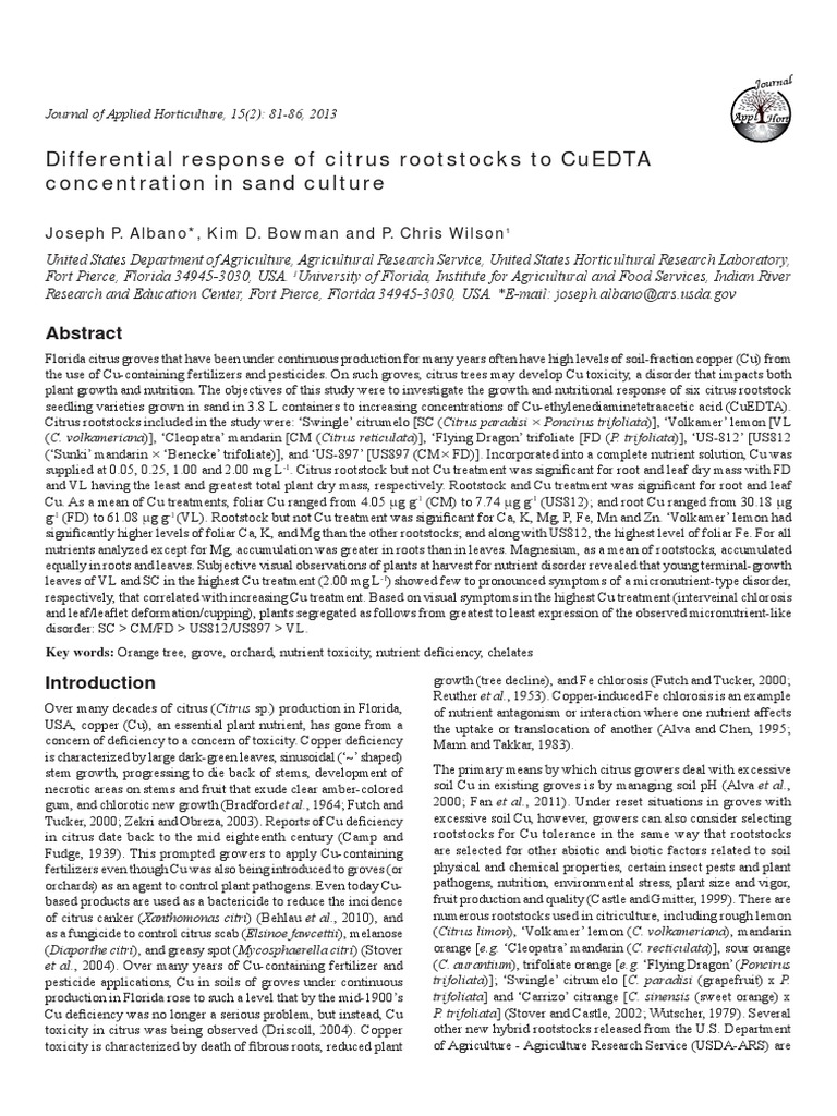 Differential Response of Citrus Rootstocks To CuEDTA Concentration in ...
