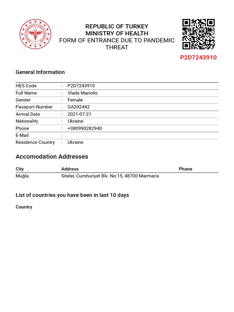 Republic of Turkey Ministry of Health Form of Entrance Due To Pandemic ...