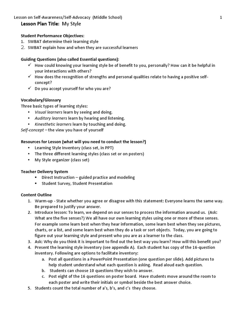 My Style Lesson Plan Middle School 1 | PDF | Learning | Classroom