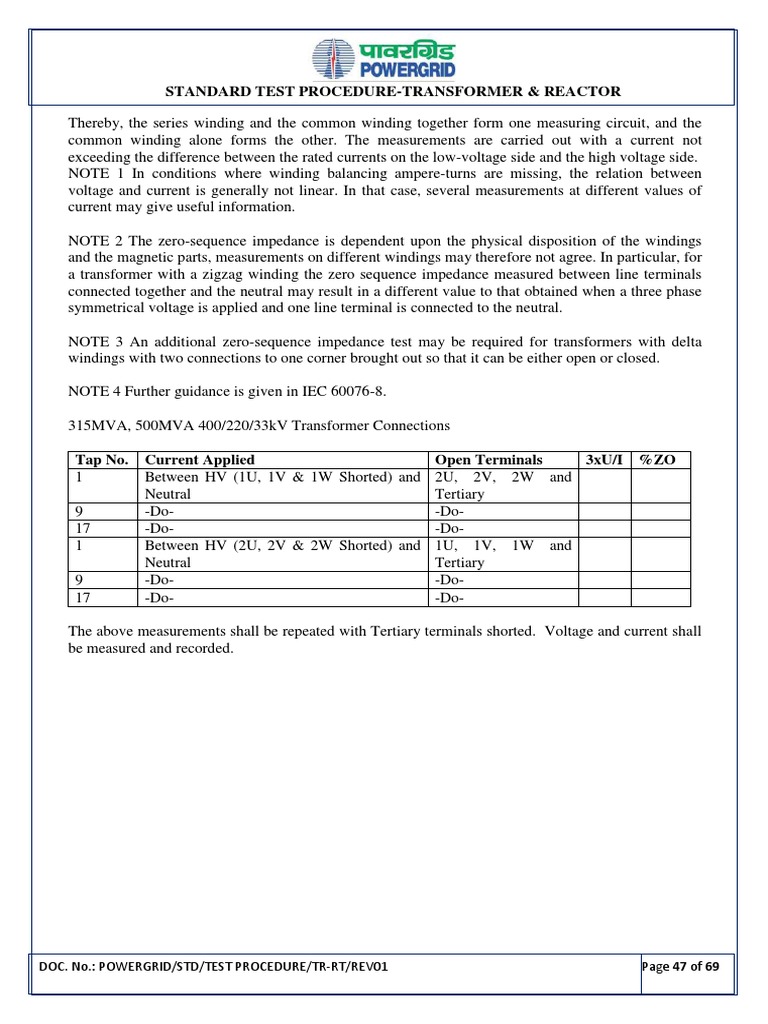 Standard Test Procedure-Transformer & Reactor | PDF | Transformer ...