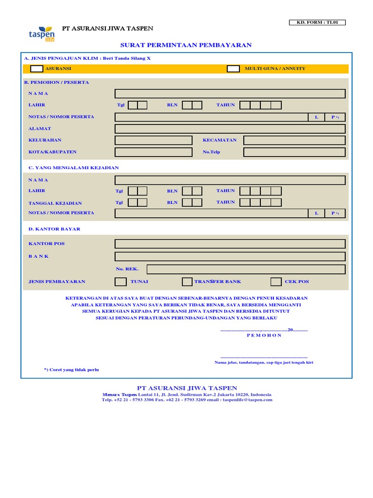 Formulir Klaim Asuransi Taspen | PDF