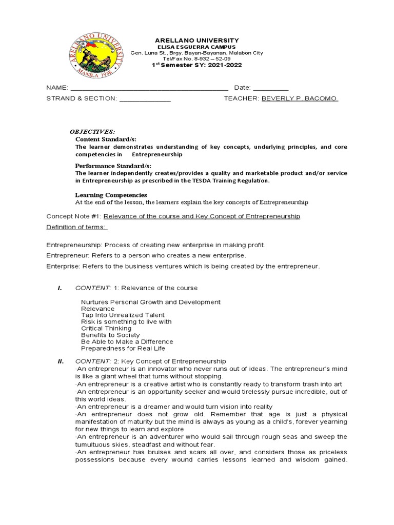 Entrep-Concept Note 1 | PDF | Entrepreneurship | Learning