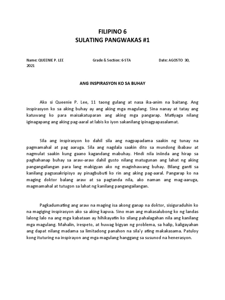 Filipino 6 Sulating Pangwakas #1: Ang Inspirasyon Ko Sa Buhay | PDF