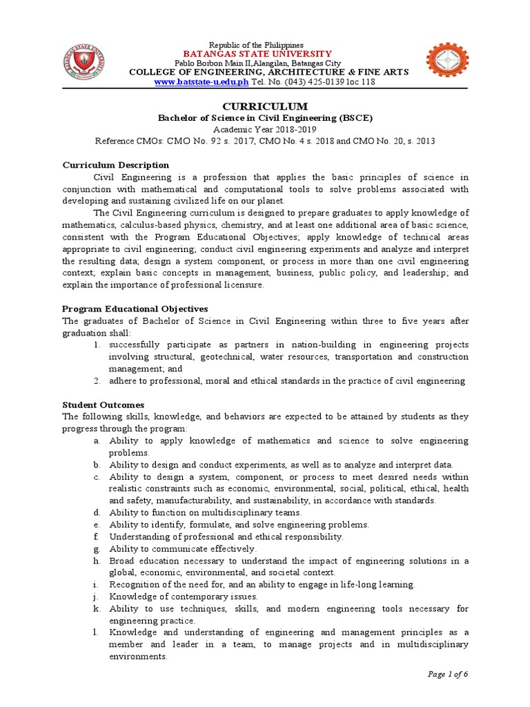 Curriculum: Bachelor of Science in Civil Engineering (BSCE) | PDF ...