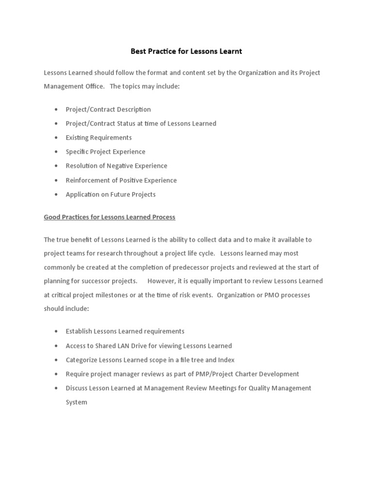 Lessons Learned Best Practices Guide | PDF