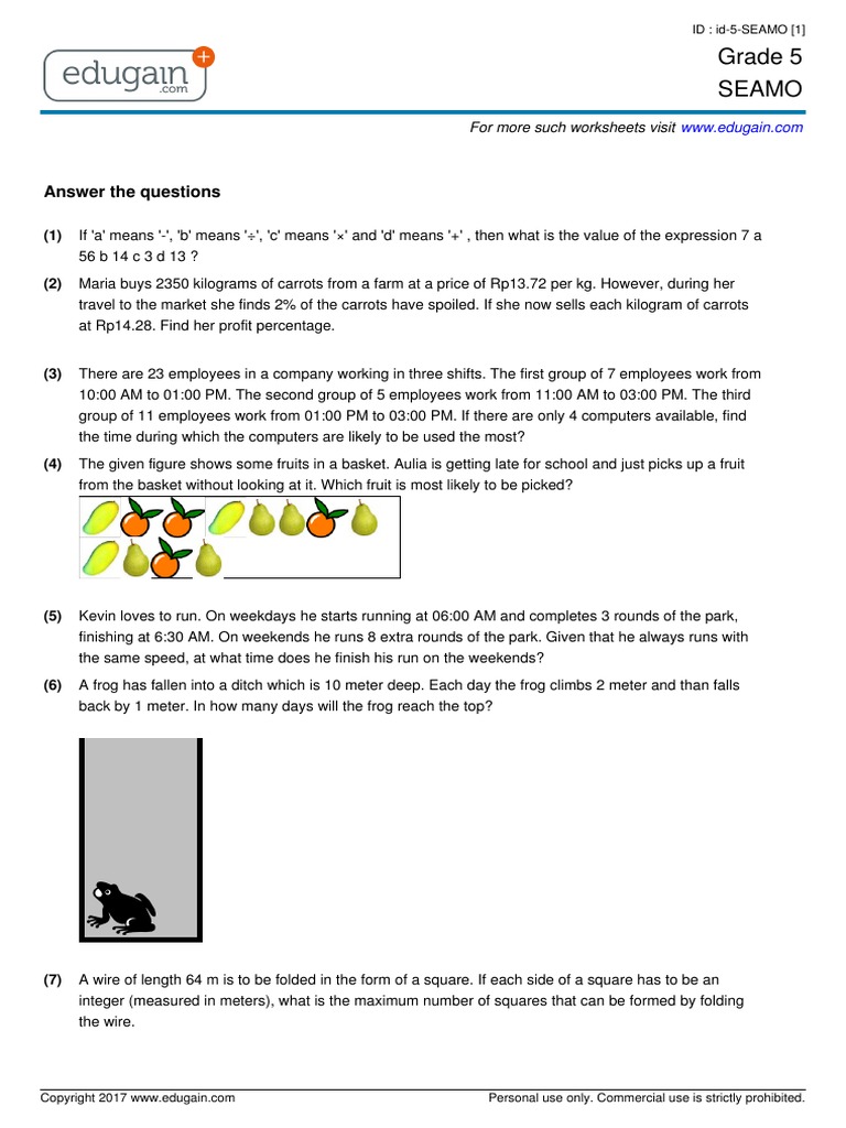 Grade 5 Seamo: Answer The Questions | PDF