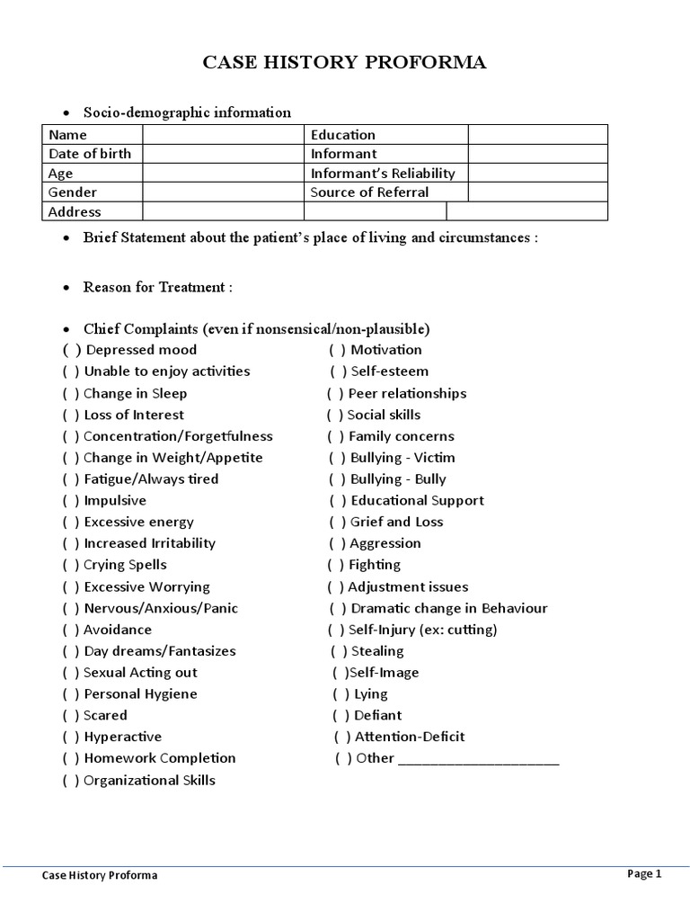 CASE HISTORY PROFORMA School | PDF | Bullying | Sleep