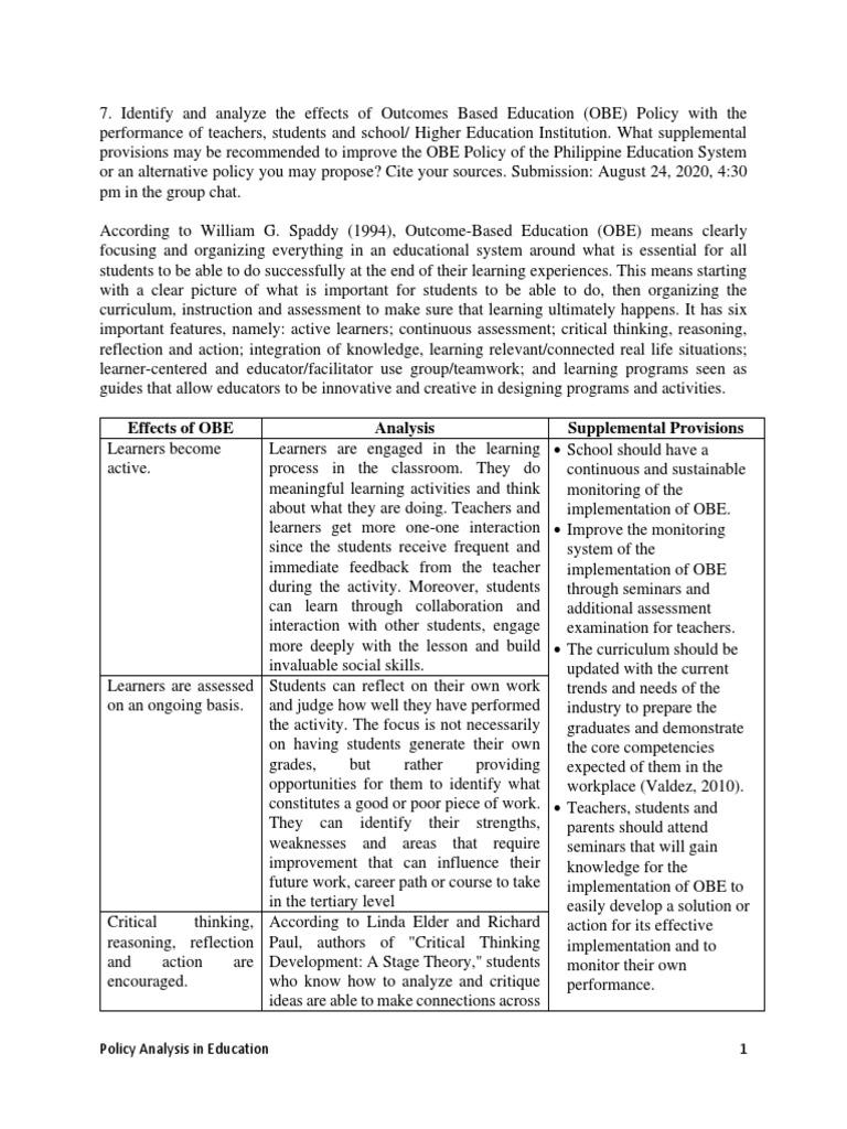 OBE Policy Analysis and Recommendations | PDF | Teachers | Learning