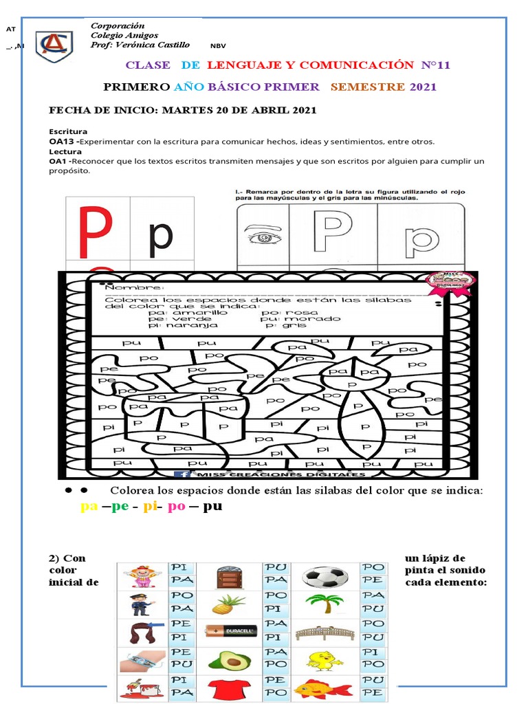 CLASE #11 y 12 PRIMERO LENGUAJE LETRA P | PDF | Lingüística | Escritura