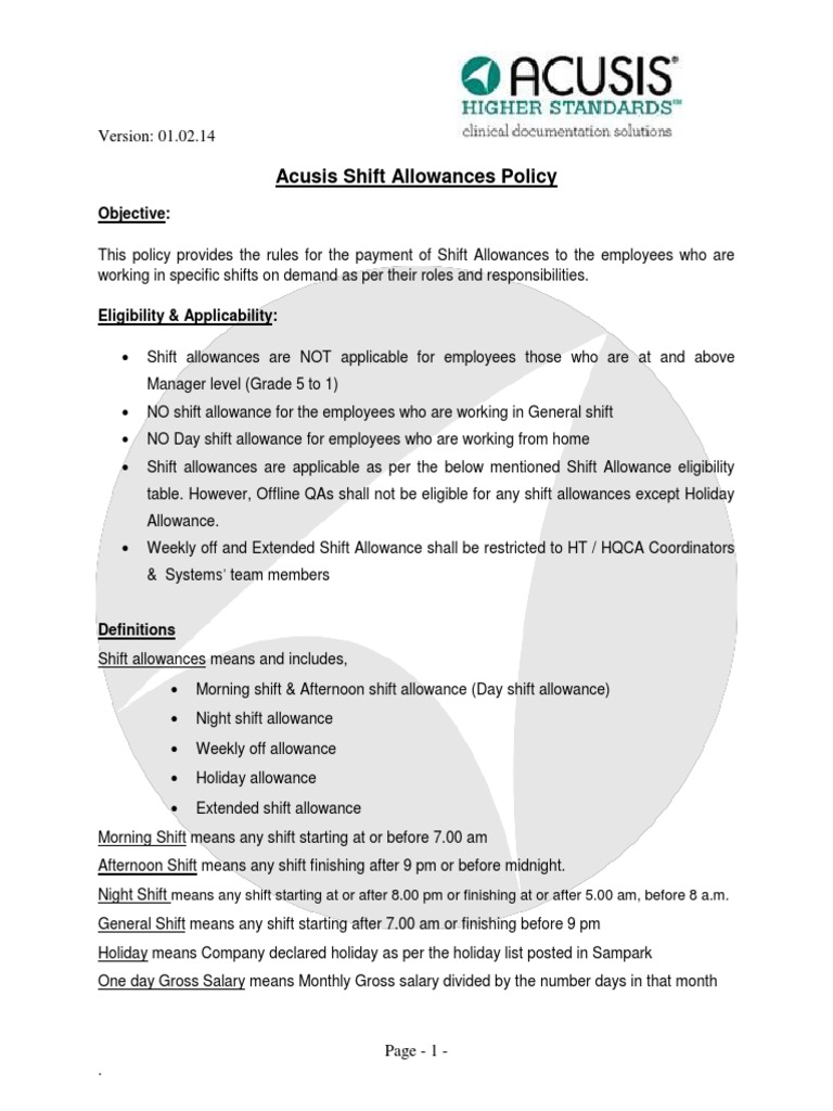 Shift Allowance Policy Feb 2014 | PDF | Labor | Employee Relations