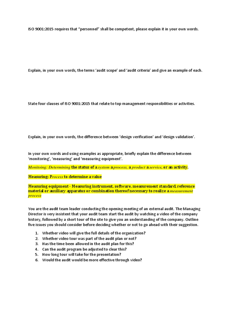 Questions 1 | PDF | Audit | Iso 9000