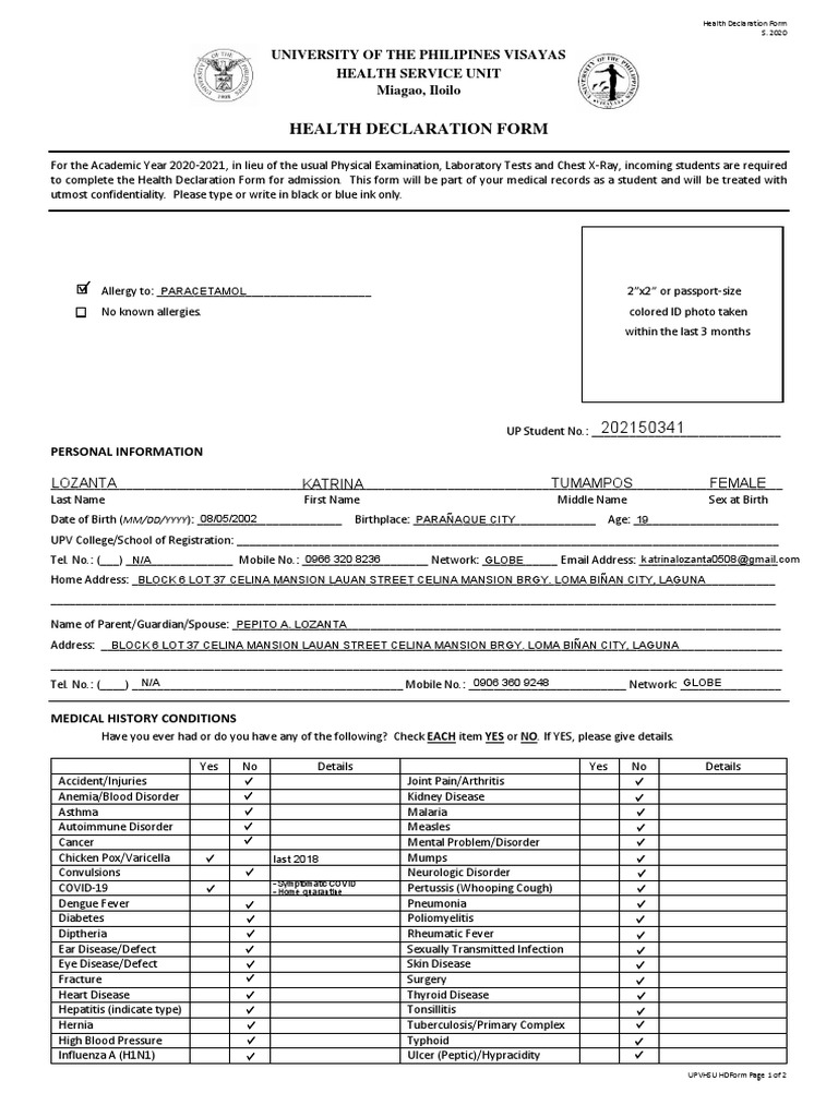 Health Declaration Form: University of The Philipines Visayas Health ...