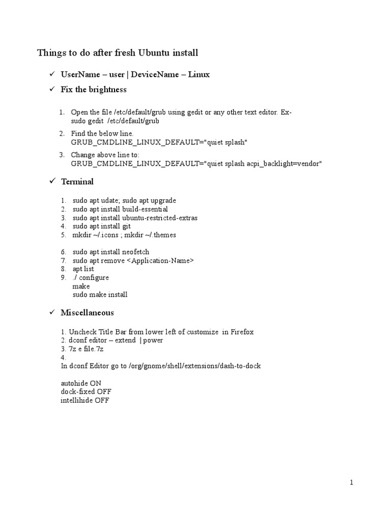 Things To Do After Fresh Ubuntu Install: Username - User - Devicename - Linux Fix The Brightness ...
