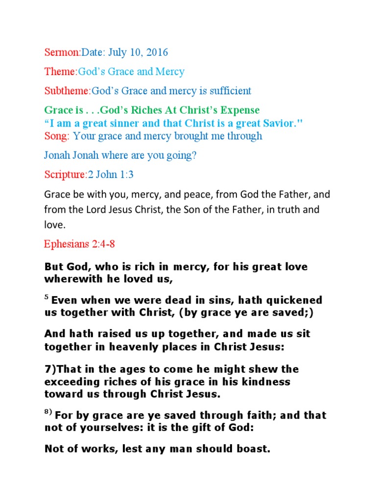 God's Grace and Mercy: Sermon: Theme: Subtheme | PDF | Grace In ...
