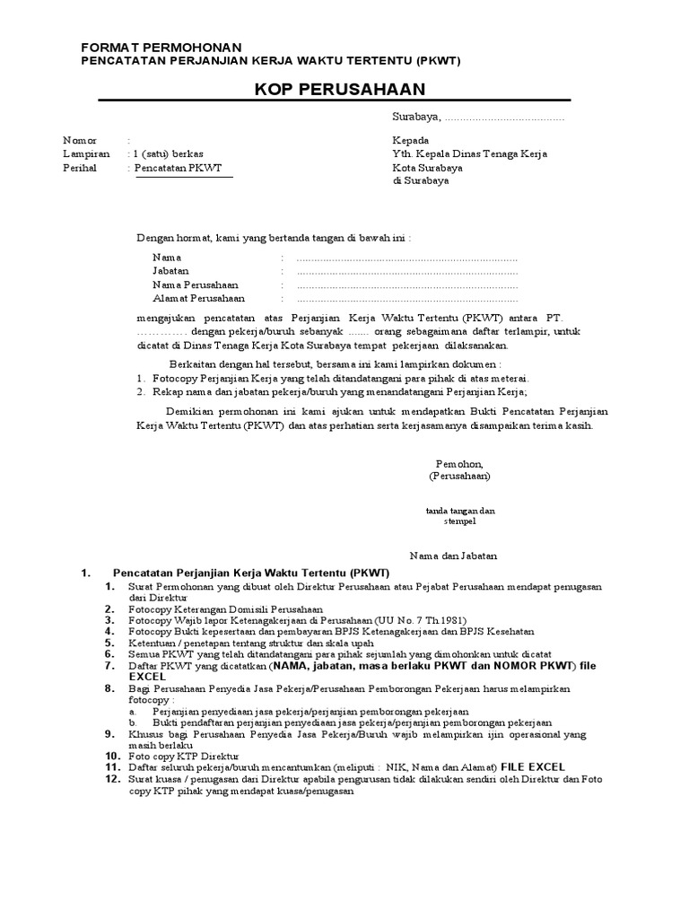 Format Permohonan Pencatatan Perjanjian Kerja Waktu Tertentu (PKWT) | PDF