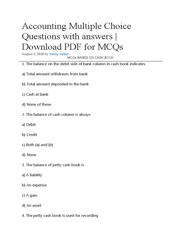 Accounting Multiple Choice Questions With Answers - Download PDF For ...