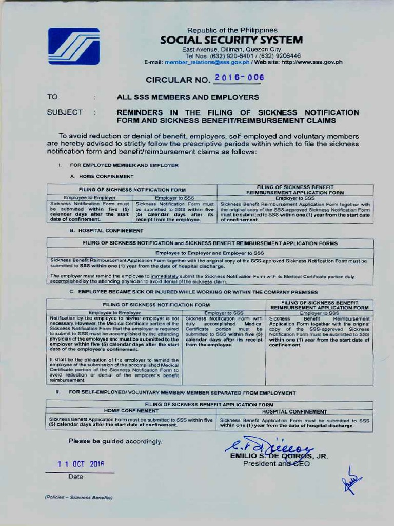SSS Circular 2016 006 Reminders in Filing Sickness Notification and ...