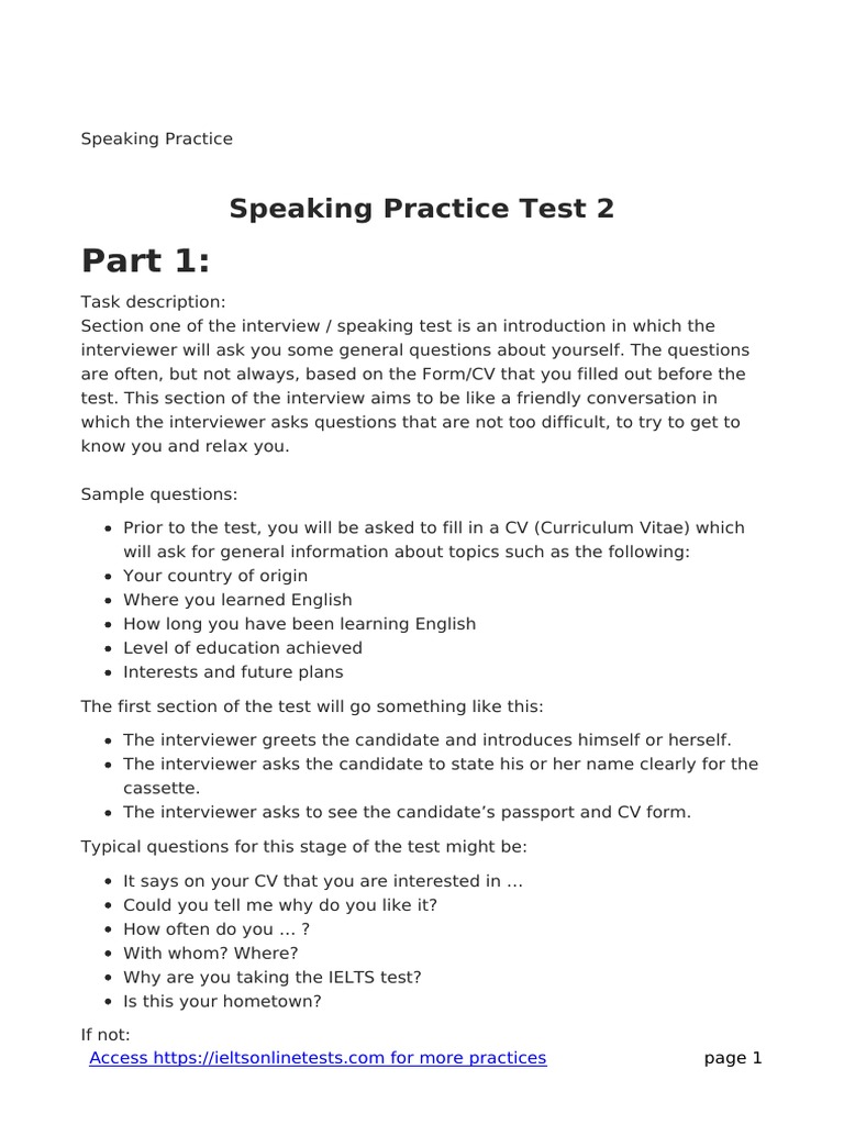 Speaking Practice Test 2 Pdf Interview Entertainment