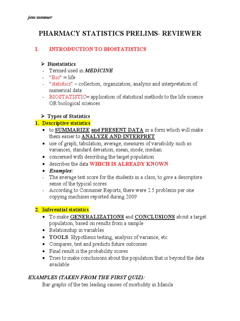 Pharmacy Statistics Prelims - Reviewer | PDF | Sampling (Statistics ...
