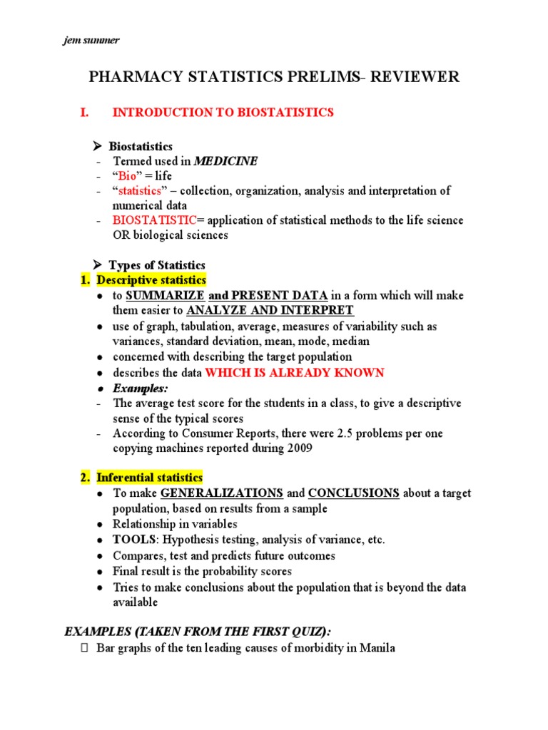 PHARMACY STATISTICS PRELIMS - Reviewer | PDF | Sampling (Statistics ...