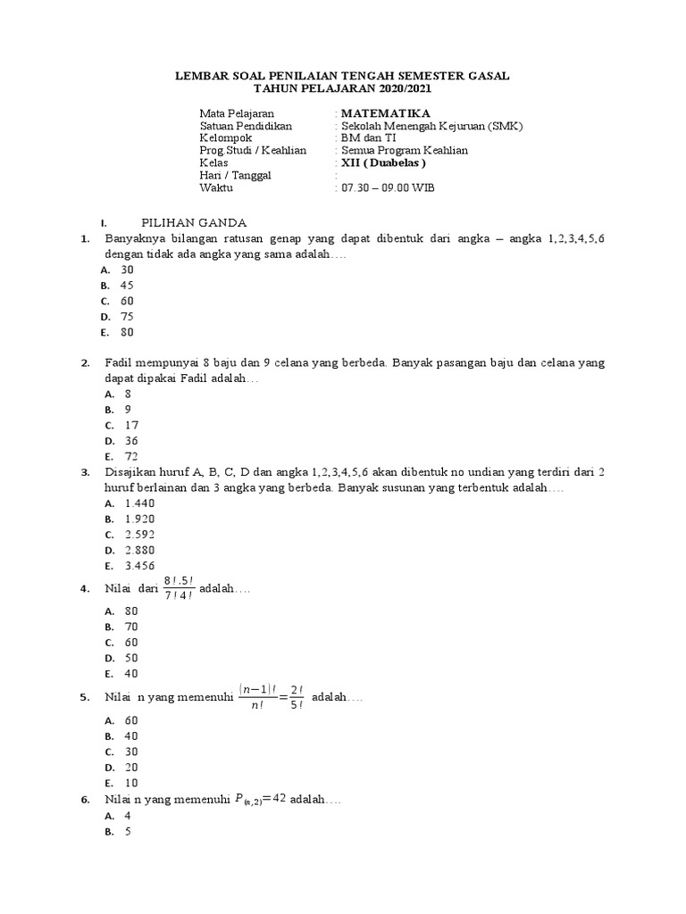 Soal PTS Mat Gasal Xii MGMP | PDF