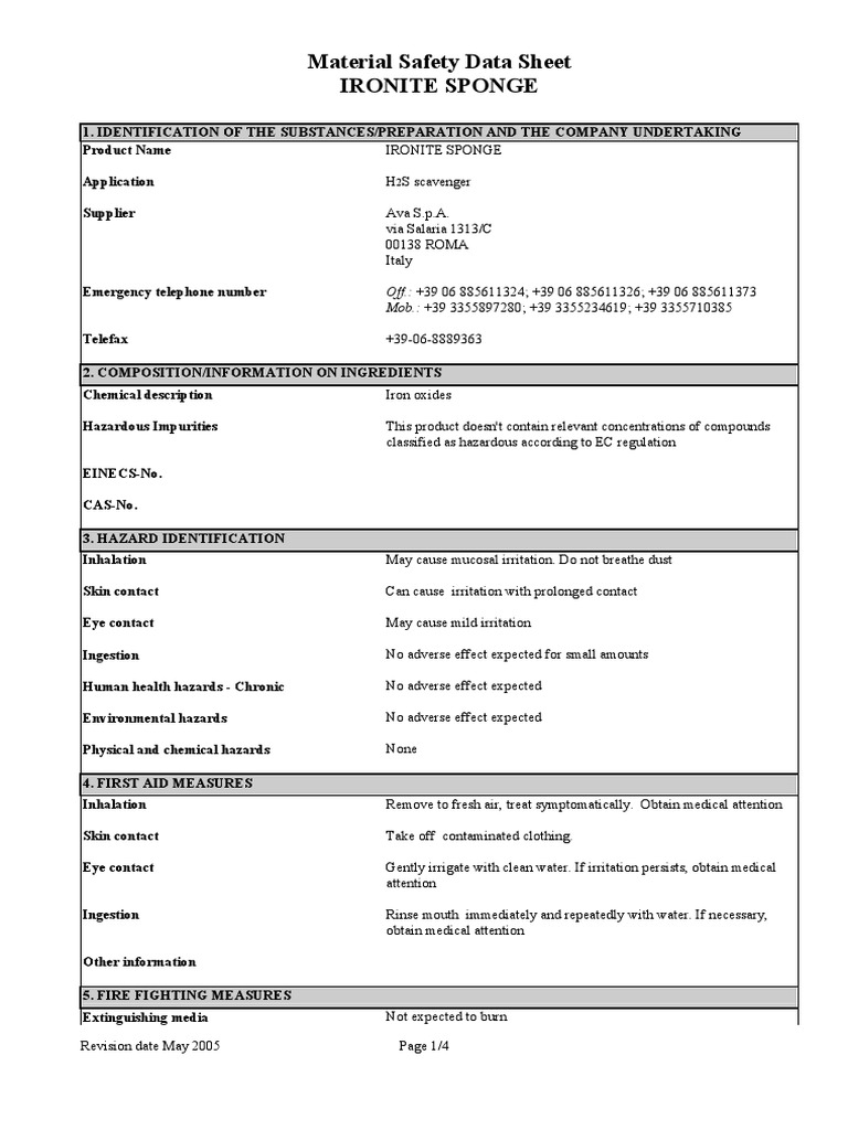 Material Safety Data Sheet Ironite Sponge | PDF | Safety | Chemistry