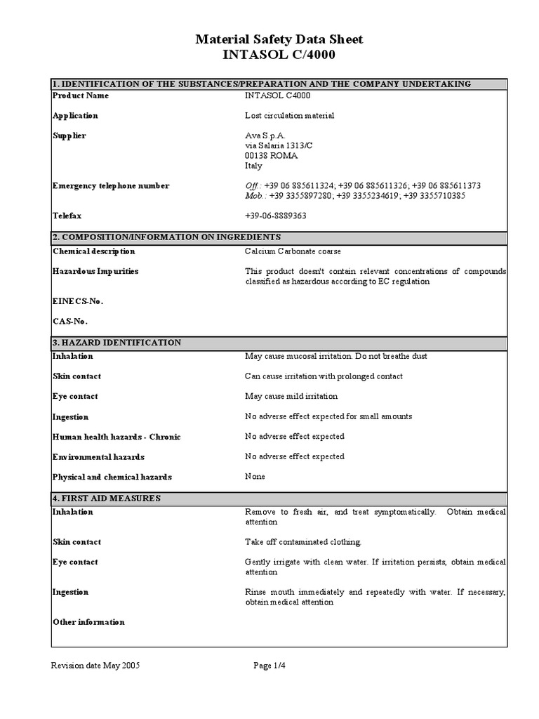 Material Safety Data Sheet INTASOL C/4000 | PDF | Occupational Safety ...