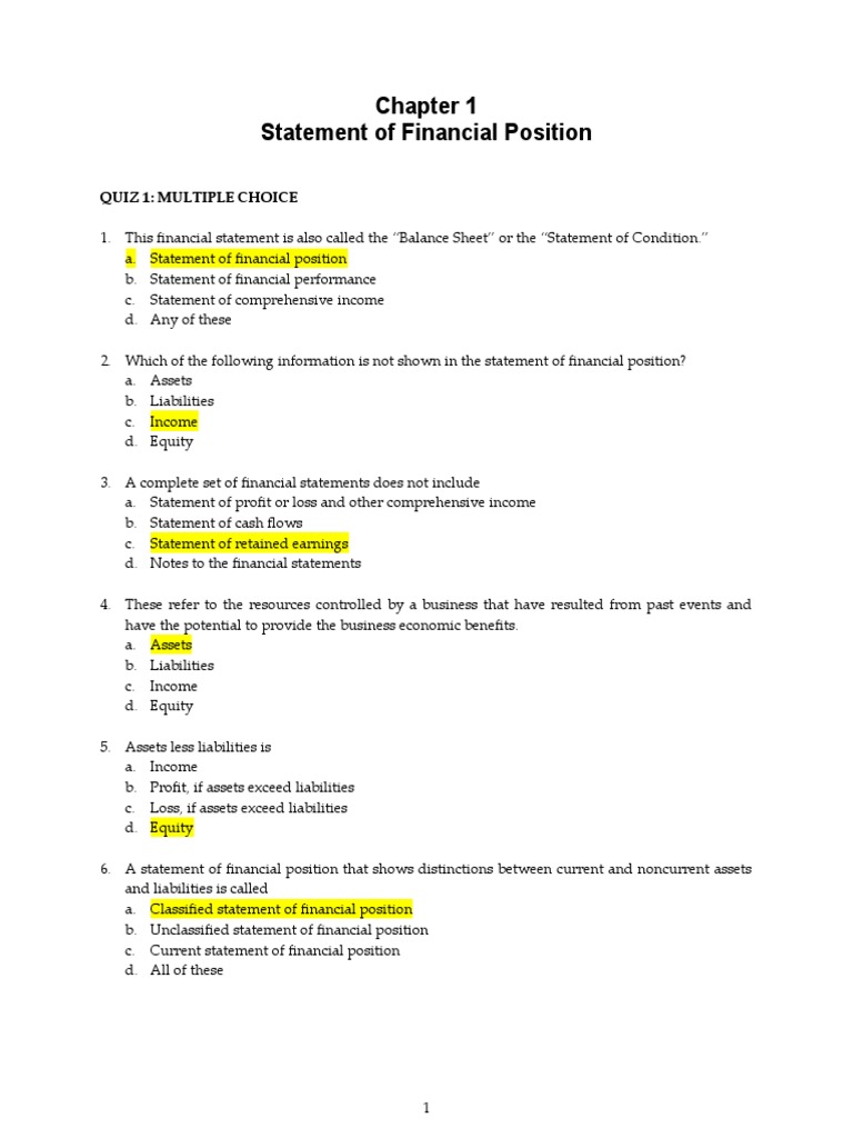 Statement of Financial Position: Quiz 1: Multiple Choice | PDF ...