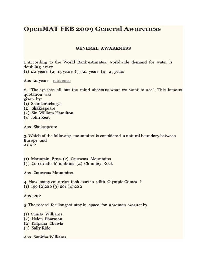 OpenMAT General Awareness | PDF