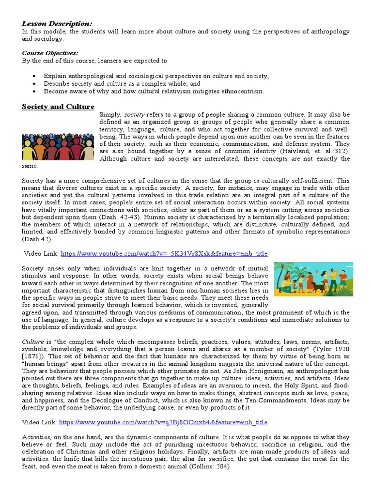 Society and Culture: Lesson Description | PDF | Anthropology | Sociology