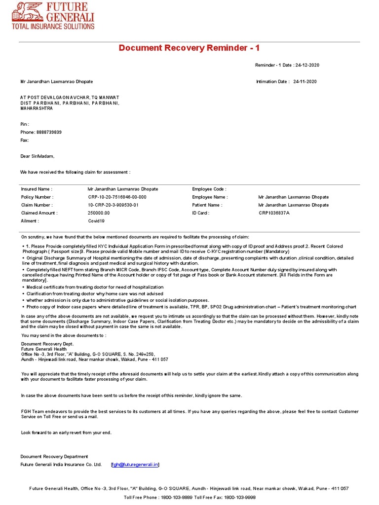 Claim Deficiency Reminder Letter 3584919 | PDF | Identity Document ...