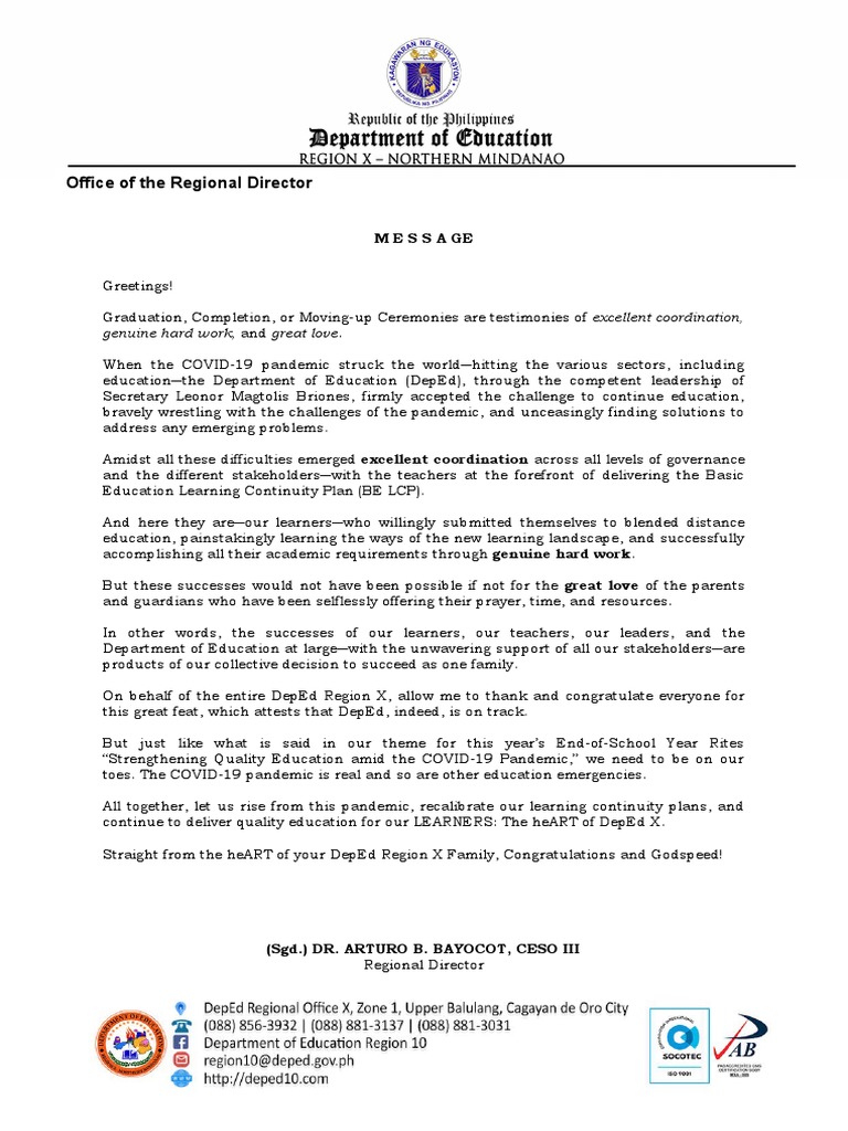 End-Of-School Year Rites 2020-2021 - Message of RD Art Bayocot | PDF