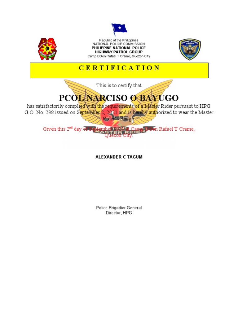 Master Rider Certification for PCOL Bayugo | PDF