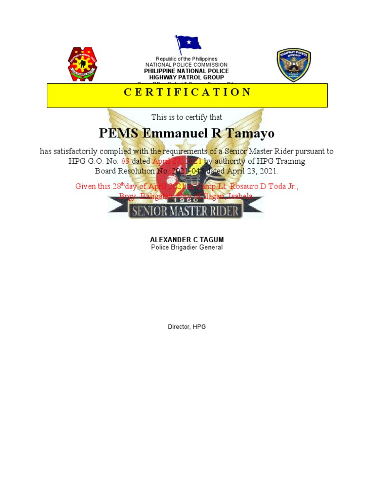 Senior Master Rider Certificate | PDF