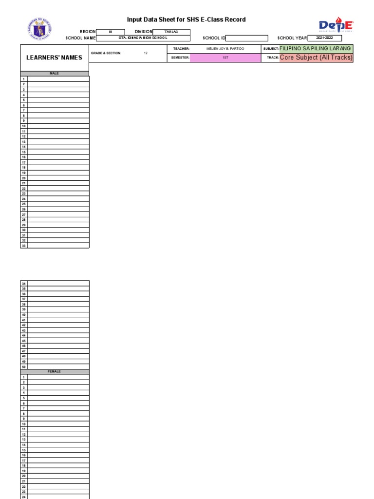 SHS E-Class Record for Filipino 2021-22 | PDF