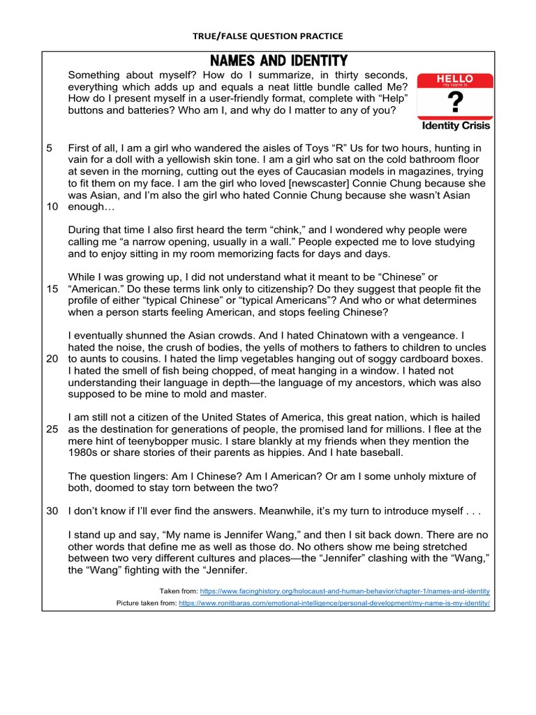 Comprehension - NAMES AND IDENTITY - True - False QN Practice | PDF