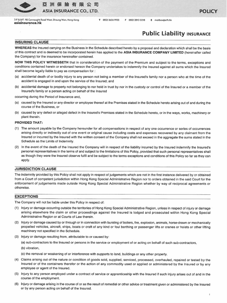 Public Liability Insurance Policy | PDF