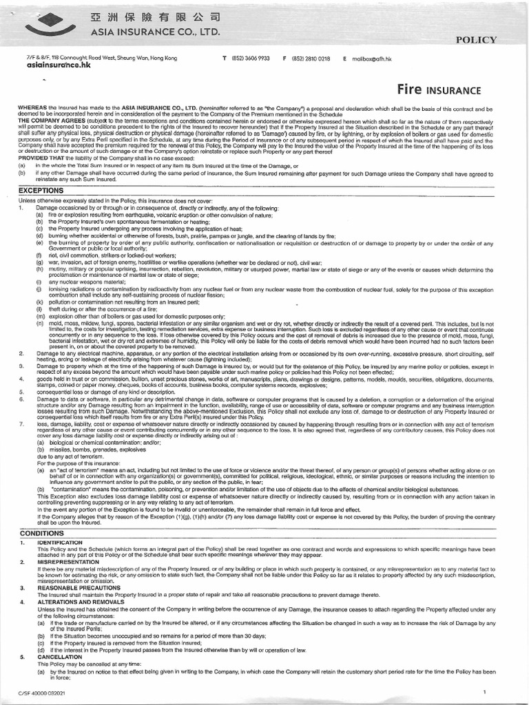 Fire Insurance Policy | PDF