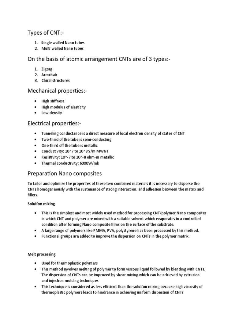Types of CNT:-: Solution Mixing | PDF | Carbon Nanotube | Polymers