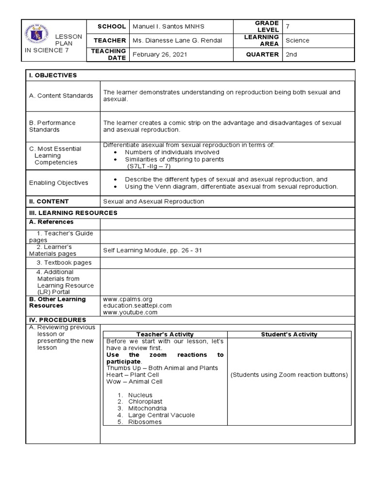 Grade 7 Reproduction Lesson Plan | PDF | Sexual Reproduction | Learning