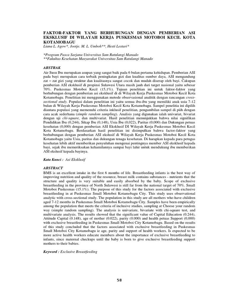 Faktor-Faktor Yang Berhubungan Dengan Pemberian Asi Eksklusif Di Wilayah Kerja Puskesmas Motoboi ...