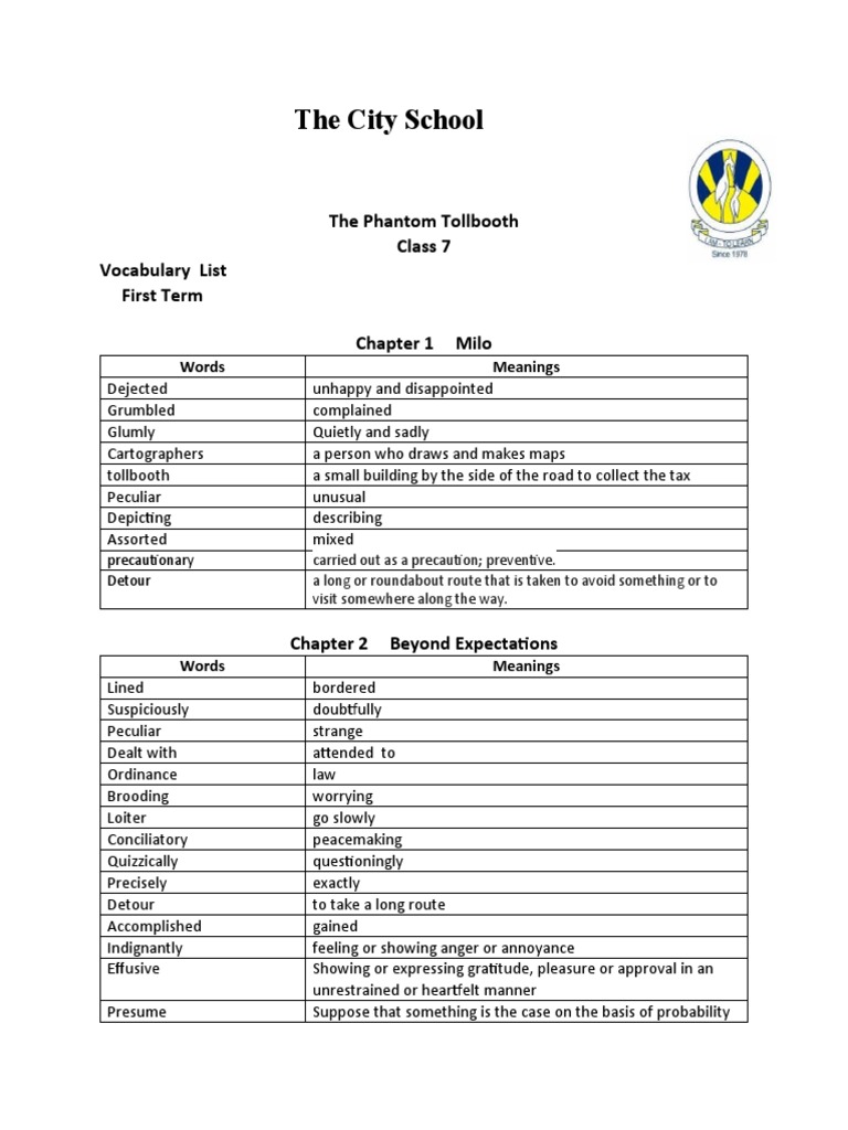 The City School: The Phantom Tollbooth Class 7 Vocabulary List First ...