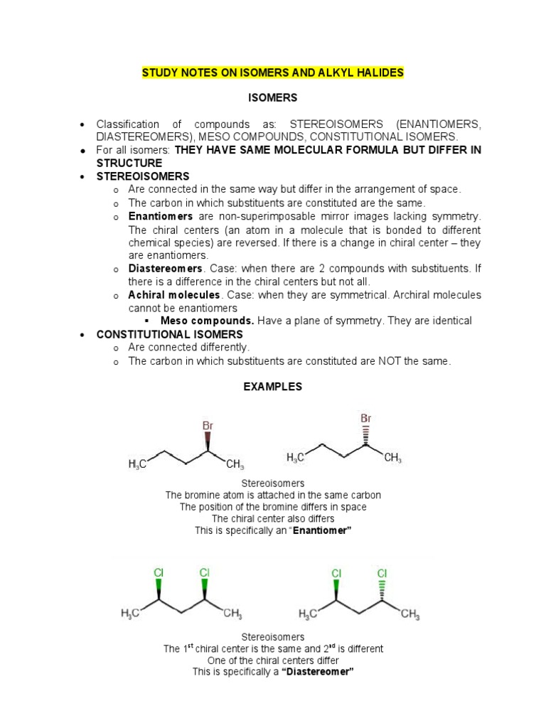 Study Notes On Isomers and Alkyl Halides | PDF | Isomer | Space