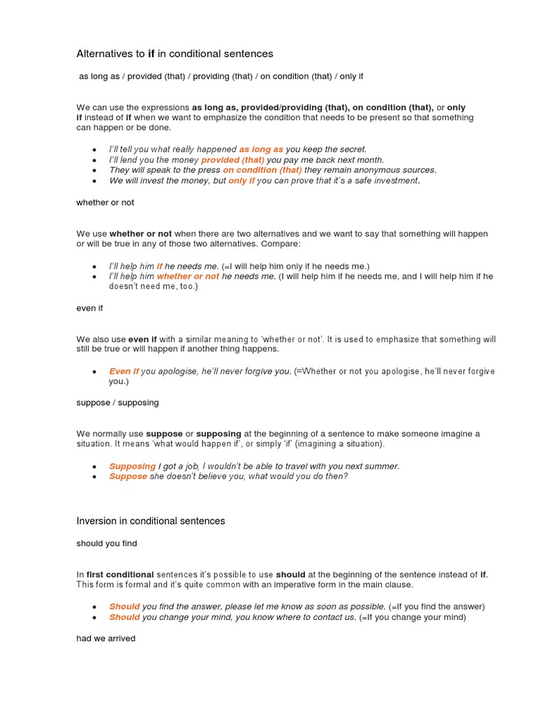 Alternatives To If in Conditional Sentences | PDF | Syntax | Grammar