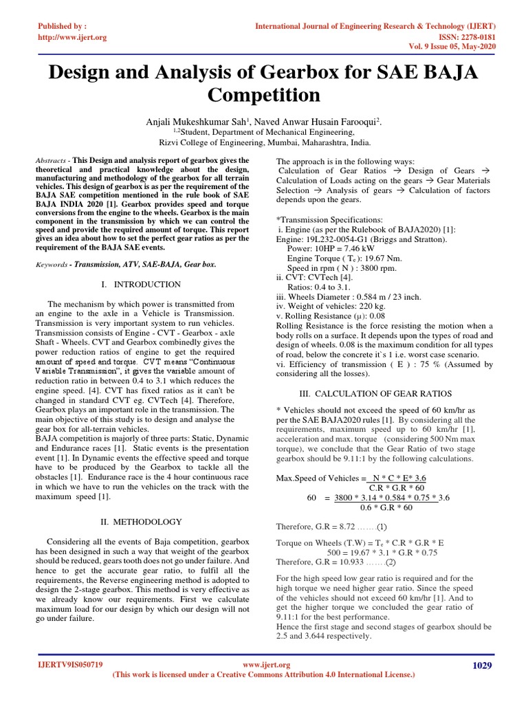 Design and Analysis of Gearbox For Sae Baja Competition IJERTV9IS050719 ...
