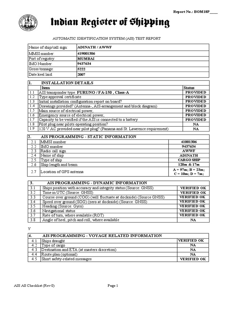 AIS Test Report for Ship ADINATH | PDF | Electrical Engineering ...