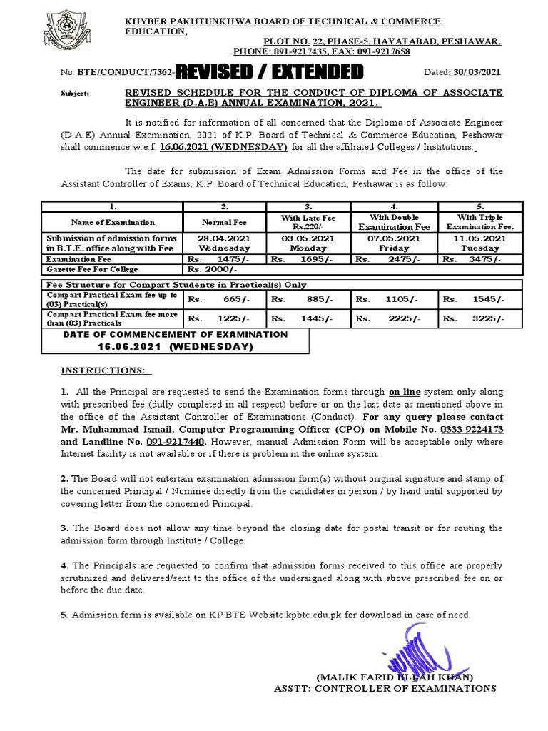 DAE Annual Exam 2021 Revised NOTIFICATION | PDF
