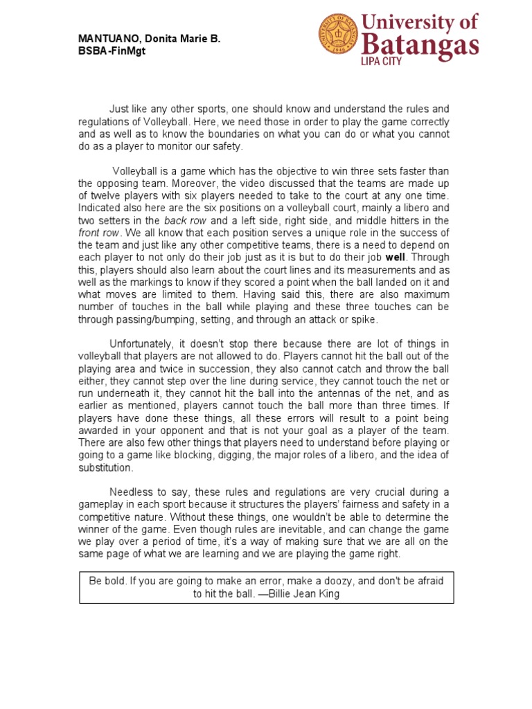 Volleyball Reflection - MANTUANO | PDF | Volleyball | Ball Games