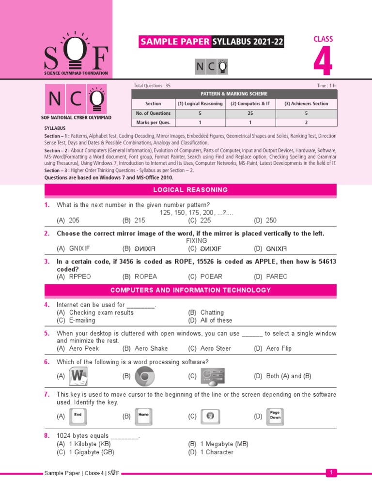 Nco Class-4 Samplepaper | PDF | Byte | Local Area Network